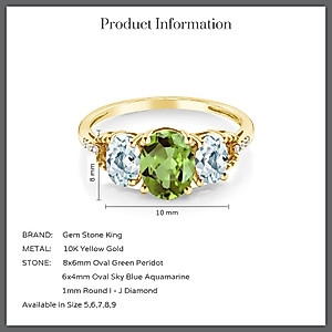 Gem Stone King 10K Yellow Gold Oval Green Peridot and Sky Blue Aquamarine Ring For Women (2.46 Cttw, Gemstone Birthstone) (Size 6)