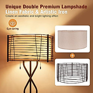 Floor Lamps for Living Room with Double Drum Shade - Farmhouse Industrial Standing Lamp, 65" Tall Rustic Bronze Woven Iron Metal Burlap Fabric Shade Mid Century Modern Reading Light for Bedroom Office