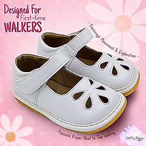 Little Mae's Boutique Mary Jane White Flower Punch Squeaky Shoes for Toddler Girls, Ideal Toddler Walking Shoes with Removable Squeaker and Adjustable Strap - Flexible Sole Baby Shoes (4)