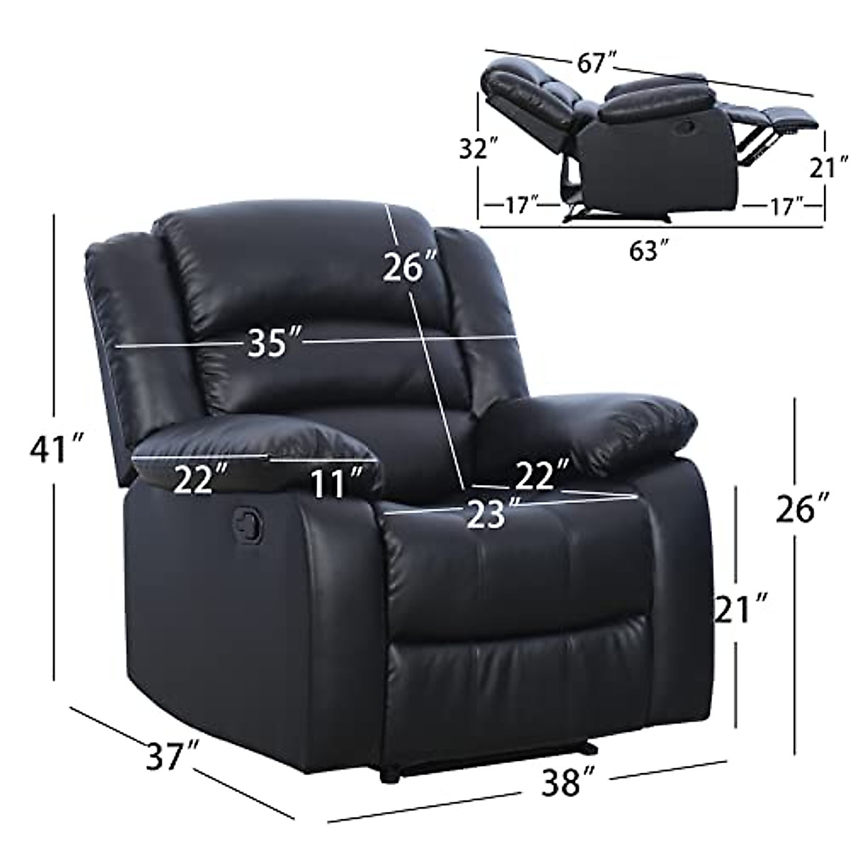 ANJ Black Recliner Chair with Overstuffed Arm and Back, Breathable Faux Leather Manual Reclining Chairs, Living Room Single Sofa Recliners