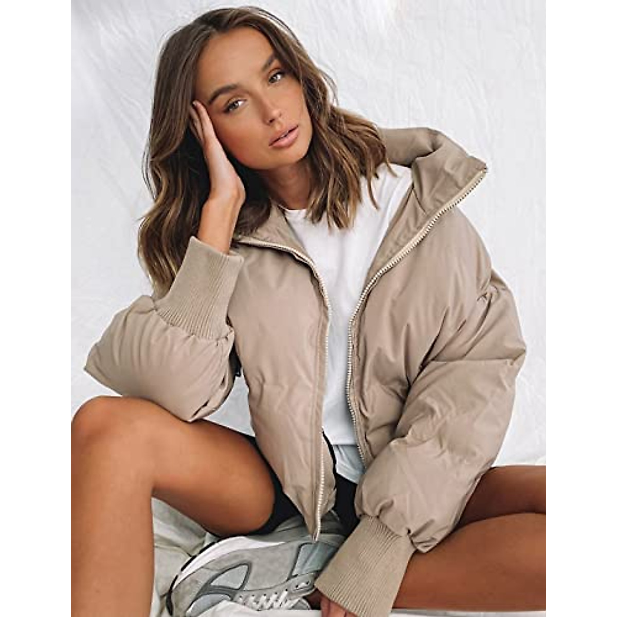 Uaneo Womens Casual Padded Full Zip Stand Collar Long Sleeve Puffer Jackets (Khaki, M)