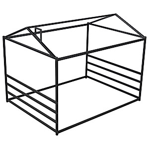 Merax Queen Size Metal House Bed with Roof, Floor Beds with Sturdy Steel Bedframe for Boys and Girls, No Box Spring Needed, Black