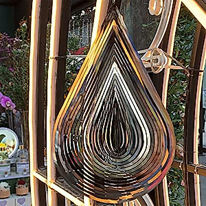 Jorontall Wind Spinner Stainless Steel 3D Flowing Light Effect Decoration for Outdoor Garden Hanging Decor Gifts 12“x 8“ Silver Water Drop-Shaped Spinners with 360° Rotating Hook