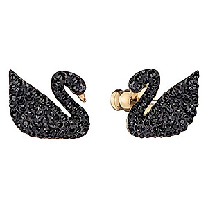 Swarovski Swan Pierced Earrings for Women, Swan Motif with Unique Earring Jackets, with Sparkling Black Crystals on a Rose-Gold Tone Plated Setting