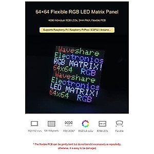 Coolwell Flexible RGB LED Matrix Panel Full-Color 64×64 for Raspberry Pi 4B+ 4B 3B+ 3B 2B+ Zero W WH Pico ESP32 Ardui 3mm Pitch Adjustable Brightness and Bendable PCB
