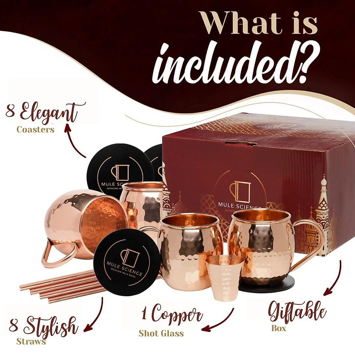 [Gift Set] Mule Science Moscow Mule Mugs Set of 8 (16oz) | Solid Barrel 100% Copper Mugs Set w/ 8 Straws, 8 Coasters & 1 Shot Glass | Handcrafted Tarnish-Resistant Food Grade Lacquer Coat