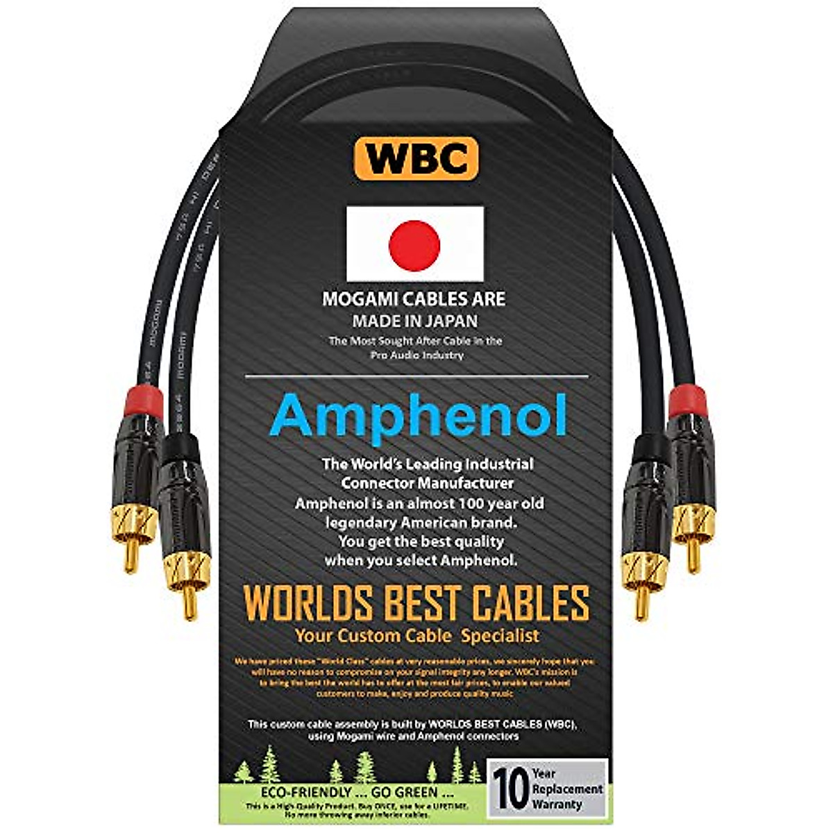 1 Foot – High-Definition Audio Interconnect Cable Pair CUSTOM MADE By WORLDS BEST CABLES – using Mogami 2964 wire and Amphenol ACPL Black Chrome Body, Gold Plated RCA Connectors