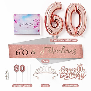 60th Birthday Gifts Decorations for Women - Birthday Cake Topper, Balloons, Birthday Queen Sash with Pearl Pin, Tiara Crown and Candle Set, Rose Gold, Rose Gold (60th)