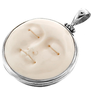 Carved Sun Moon Moonface Goddess Bison Bone 925 Sterling Silver Pendant, 2"