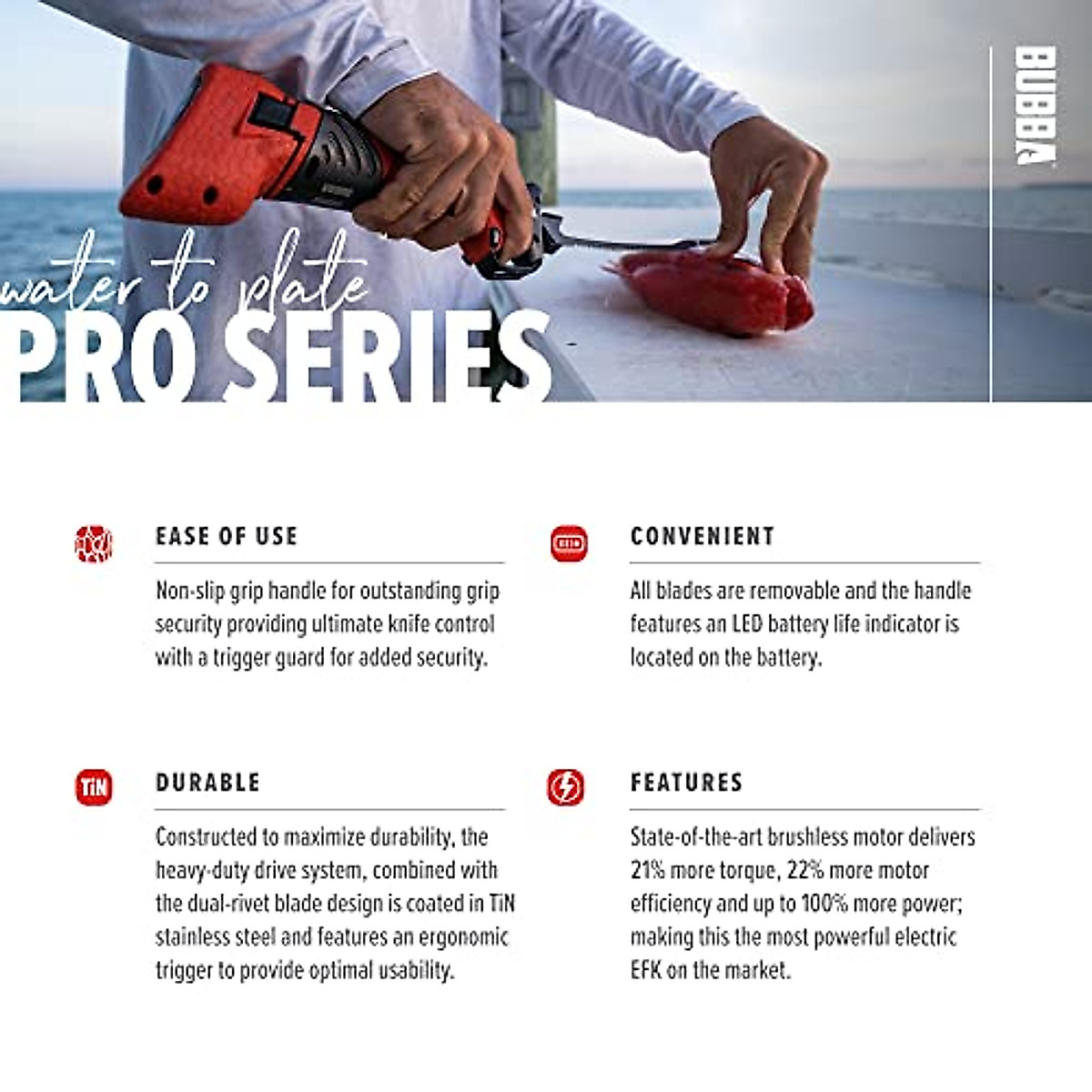 BUBBA Pro Series Lithium-Ion Electric Fillet Knife with Non-Slip Grip Handle, 4 Ti-Nitride S.S. Coated Non-Stick Reciprocating Blades, Charger and Case for Fishing