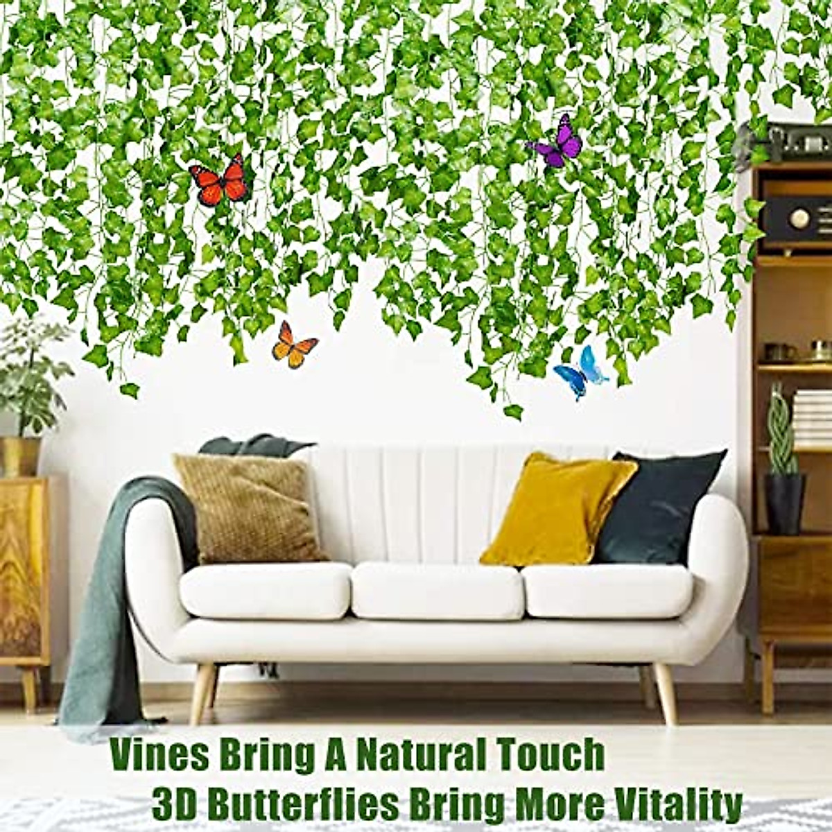 Fascidorm 5Pcs 35Ft Fake Vines for Bedroom with 12Pcs 3D Butterflies, Fake Ivy Vines for Room Decor with Fake Leaves, Artificial Greenery Ivy Garland for Wall Decor, Hanging Green Plant