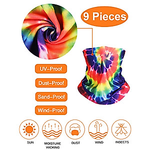 9 Pieces Hippie Tie Dye Bandana Headband Hippie Costume Set Hippie Non Slip Head Tie Hippie Neck Gaiter Gay Pride Rainbow Sun Protection Face Mask Balaclava for 60s 70s Hippie Accessories
