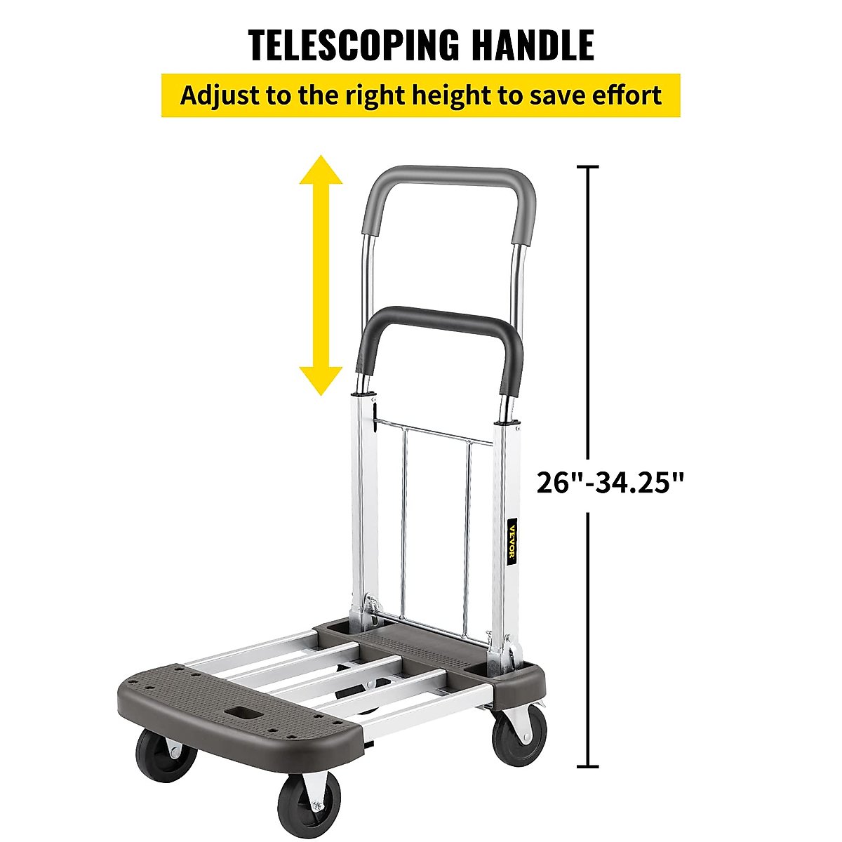 VEVOR Platform Truck Foldable,Compact Push Cart Adjustable Length, Aluminum Folding Cart Telescoping Handle with 4 Wheels ,330 LBS Capacity