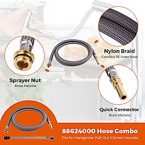 88624000 Pull-out Hose Combo for Hansgrohe Kitchen Faucets, Pull-down Spray Hose Replacement with Brass Connectors, 59-Inch + 10.5-Inch