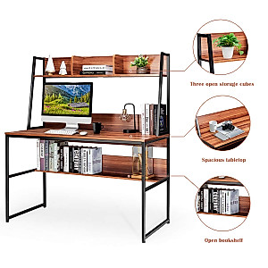 Tangkula Computer Desk with Hutch & Bookshelf, 47 Inches Space Saving Writing Study Table Home Office Desk, PC Laptop Table Workstation with w/ 3 Open Storage Space & Bottom Bookshelf (Brown)