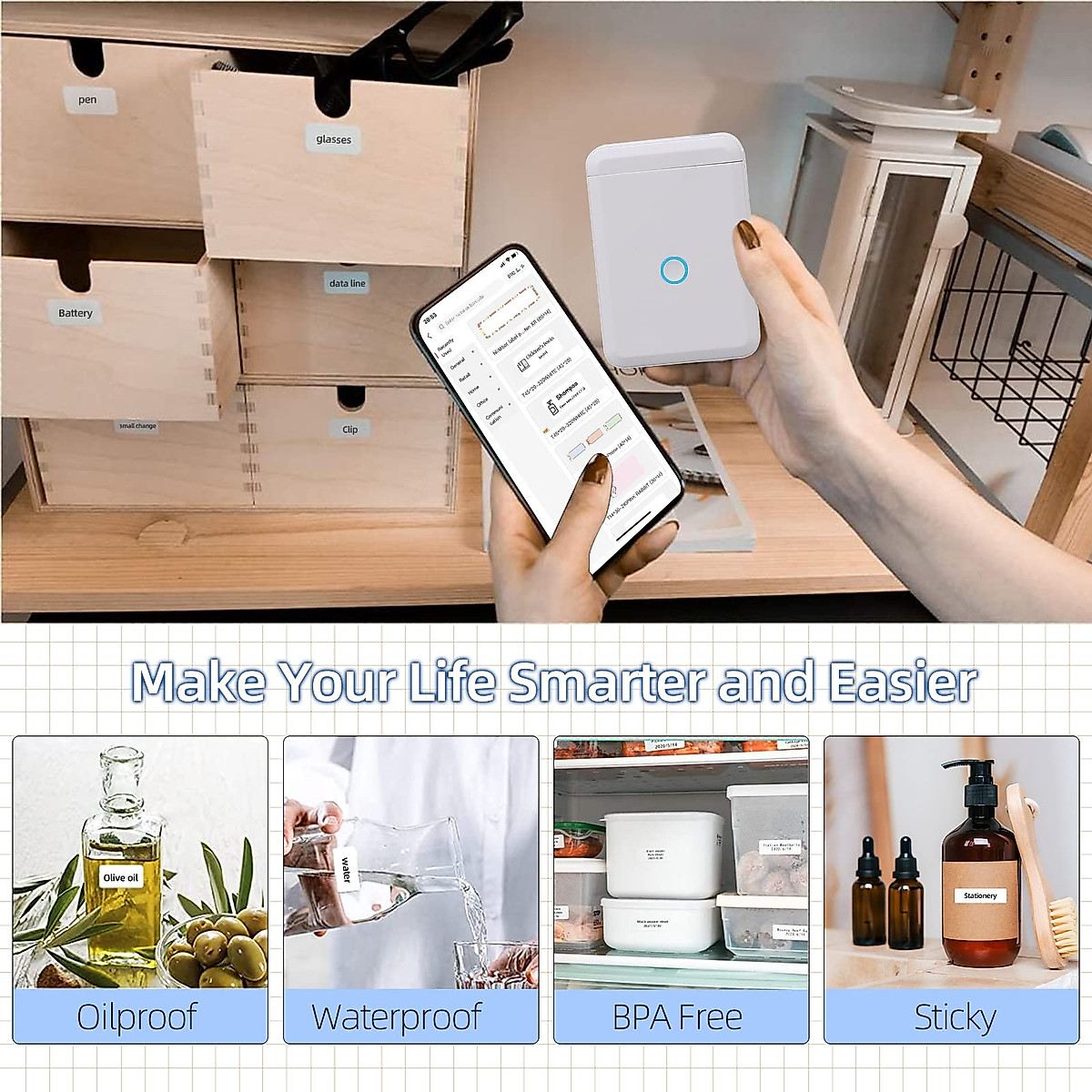 FOUAVRTEL Label Maker Machine with Tape D110 Portable Wireless Bluetooth Label Printer Direct Thermal Printer Rechargeable Labeler Handheld with Multiple Templates Inkless Office Home