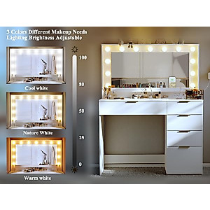 ALEXNUTRE Makeup Vanity Desk with Large Mirror and 13 LED Lights, 39.3in Vanity Table with Power Outlet & 5 Drawers, 3 Lighting Color Adjustable, Vanity Desk for Bedroom and Dressing Room, White