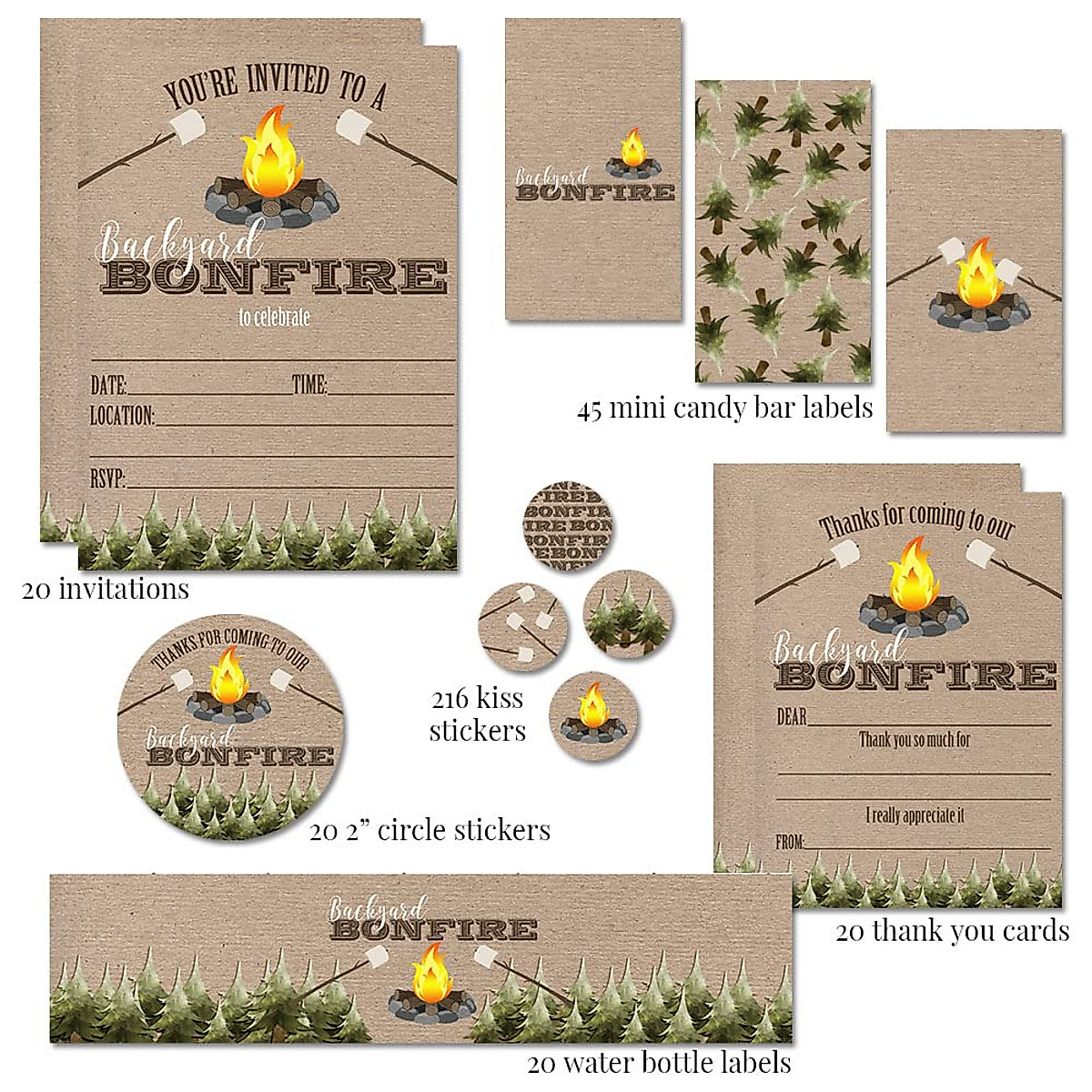 Backyard Bonfire Birthday Party Bundle Includes 20 each of Invitations & Thank You Cards with Envelopes + 2 Different Sizes of Stickers, Mini Candy Bar Wrappers, & Water Bottle Labels!
