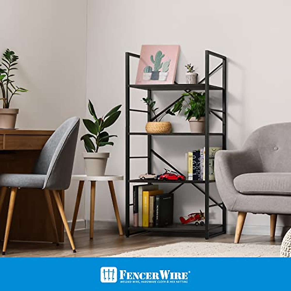 Fencer Wire 4 Tier Free Standing Shelf, 24 Inch Width Bookshelf, Bookcase Shelf Storage Organizer, Industrial Book Shelves for Home Office, Living Room, Kitchen, Black Wooden Shelves & Metal Frame