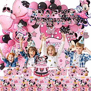 Mouse Birthday Party Supplies, Mouse Party Decorations, Pink Mouse Birthday Decorations Includes Happy Birthday Banner, Balloons, Stickers, Backdrop, Pink Tableware, Hanging Swirls