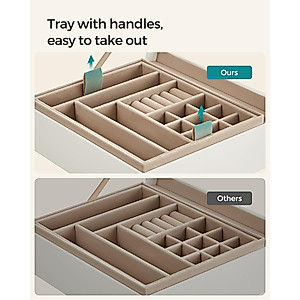 SONGMICS Jewelry Box with Glass Lid, 2-Layer Jewelry Organizer with Removable Tray, Jewelry Storage, Modern Style, Gift for Loved Ones, Cloud White and Metallic Gold UJBC238W01