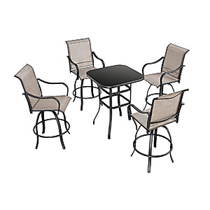 LOKATSE HOME 5 Piece Patio Dining Set Tesling Swivel Chairs with Glass Square Table Outdoor Furniture Bistro Rotating Stools for Poolside, Cafe, Porch, Chic Bar