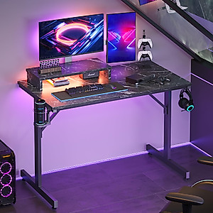 Bestier Gaming Desk with LED Lights, 42 inch Computer Desk with Monitor Stand Gamer Workstation with Cup Holder & Headset Hooks, Modern Simple Style Desk for Home Office, Black Marble