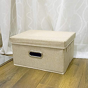 Collapsible Fabric Storage Box with Lid and Handles, Linen Storage Containers, Nursery Storage Basket for Gifts, Books, Magazines, CDs, Kids Toys, Clothes, Underwear, Makeup, 13" x 9.4" x 7", Beige