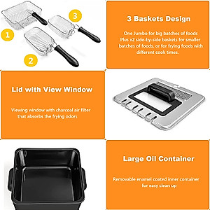 5.3QT Electric Deep Fryer with 3 Baskets, SIMOE 5L Stainless Steel Deep Fryer w/60 timer & Lid with view window, Home Countertop Oil Fryer w/Temperature Control for Kitchen, Party, French Fries
