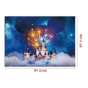 Dream Castle Photography Background 7x5ft Mickey Fairy Tale Blue Night Firework Photo Backdrops for Kids Birthday Party Newborn Baby Shower Cake Table Banner