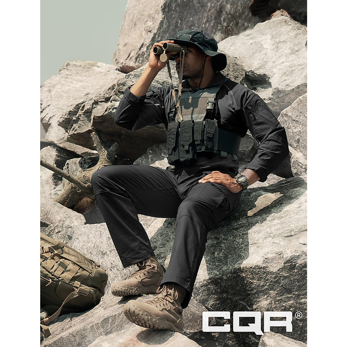 CQR Men's Flex Ripstop Tactical Pants, Water Resistant Stretch Cargo Pants, Lightweight EDC Hiking Work Pants, Dura Flex Mag Pocket Black, 30W x 32L
