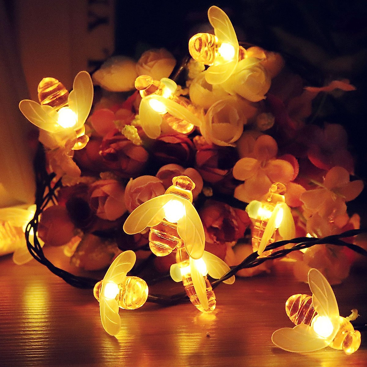 Solar Powered String Lights, 30 Cute Honeybee LED Lights, 15FT 8 Modes Starry Lights, Waterproof IP65 Fairy Decorative Lights for Outdoor, Wedding, Homes, Gardens, Patio, Party, (Warm White)