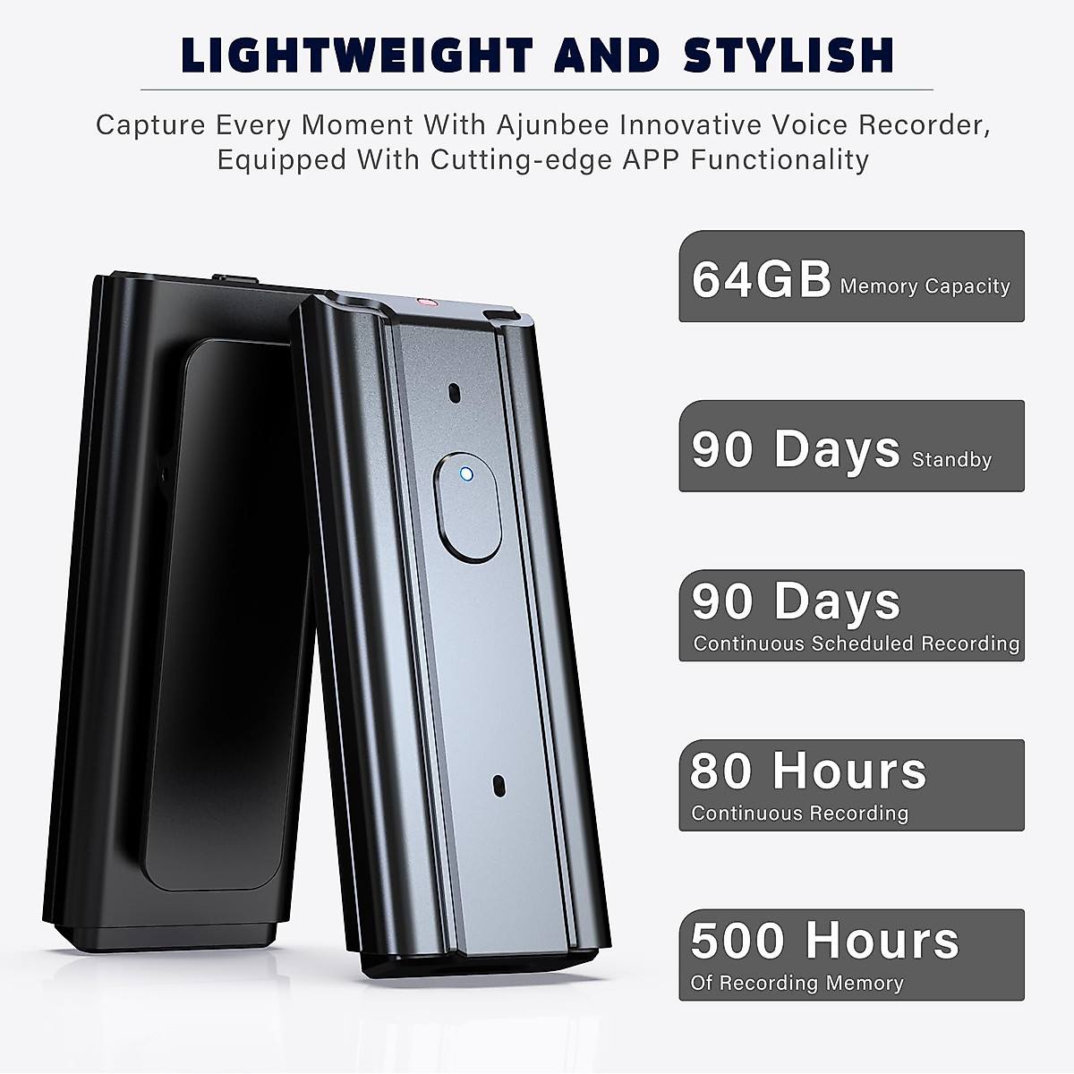 Ajunbee 64GB Smart Voice Recorder, Voice Activated Recorder with App, 800 Hours Recording Capacity, 60 Hours Continuous Recording,Enhanced AI Noise Canceling, Recording Device for Meeting, Lecture