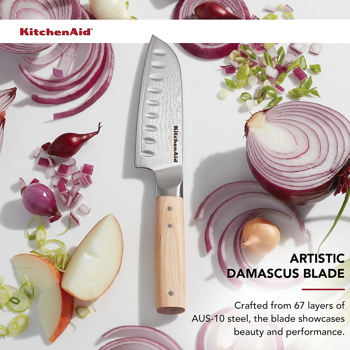 KitchenAid Premium 5-Inch Forged Santoku Knife - AUS-10 Damascus Steel Blade, Triple Rivet Pakkawood Handle, Sharp Kitchen Knife, Natural