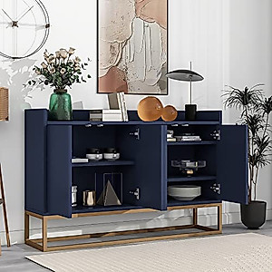 47" Buffet Sideboard Cabinets with Gold Metal Base, 4 Unobtrusive Doorknob, Elegant Freestanding Storage Cabinet, Large Storage Space Kitchen Console Table for Dining Living Room, Entryway, Navy Blue