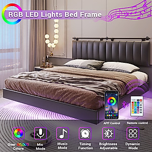 DICTAC Floating King Bed Frame with RGB LED Lights Modern Upholstered King Size Led Bed Frame with Wall Mounted Headboard,No Box Spring Needed,White