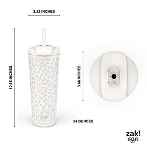 Zak Designs Beacon Straw Tumbler for Travel or At Home, 24oz Stainless Steel with Vacuum Insulated and Non-Skid Base (Linen Leopard)