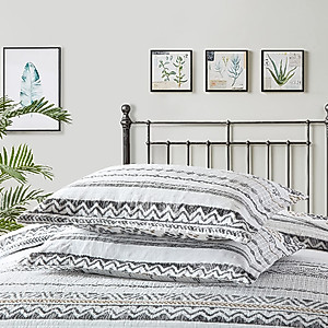 Y-PLWOMEN King Quilt, 100% Cotton Boho King Size Quilt, White/Gray Striped Geometric Quilt Set King, Bohemian Lightweight Soft King Bedspreads for All Season, 3-Pieces
