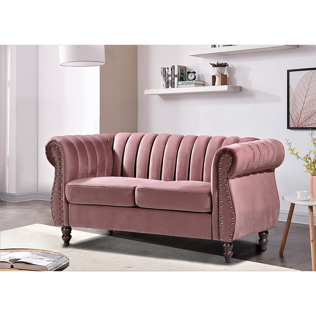 US Pride Furniture Chesterfield Rolled Arm Modern Style Fabric Rose Velvet Soft Living Room Loveseat with Removable Back Cushions & Solid Wood Support (S5644-5649) Sofas