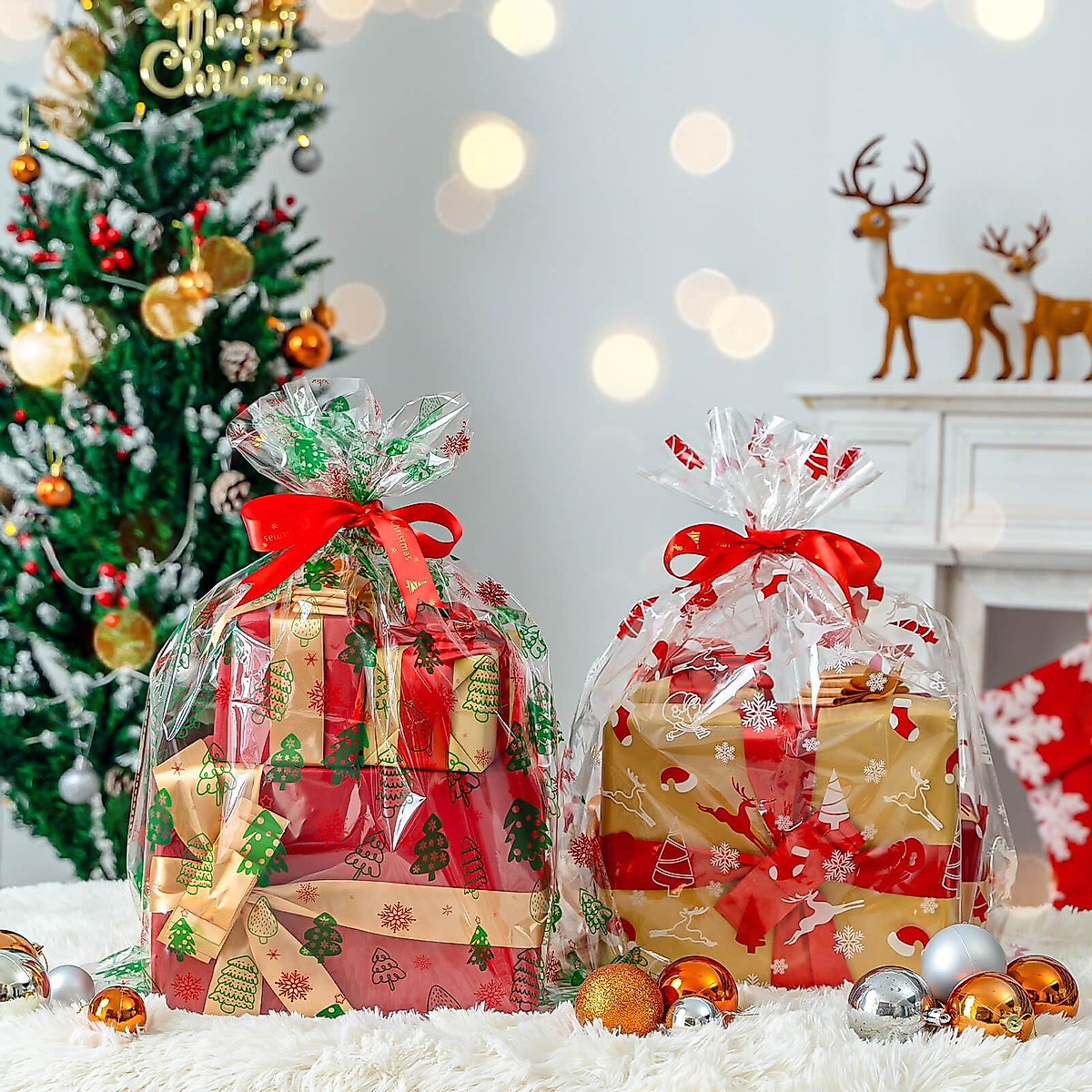 CubesLand Christmas Cellophane Gift Wrap Basket Bags,17.71"x23.62"Christmas Goody Bags 3 Mil Thick Clear Cellophane Wrap Bags,Xmas Gift Bags,Holiday Party Favors Bags,10 Pcs 5 Designs