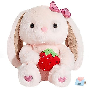 CozyWorld 10" Plush Bunny Rabbit Stuffed Animal Easter Floppy Ear Sitting Bunny Plush Pink Rabbit Plushie Toy with Strawberry Fluffy Soft Hugging Bedtime Friend Plush Toy Gifts for Kids Girls Boys