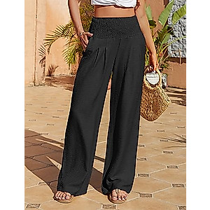 MUSIDORA Linen Pants Women Plus Size Boho Smocked High Waist Flowy Wide Leg with Pockets Stretchy Boho Beach Travel Trousers Petite (Black XL)
