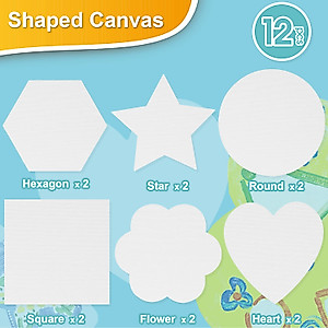 AUREUO Magnetic Mini Canvas Boards for Painting - 3 Inch 12 Pack Square, Hexagon, Circle, Star, Heart & Flower Shape DIY Craft Art Gift, Tiny Painting Canvas Panel for Acrylic Paint & Markers