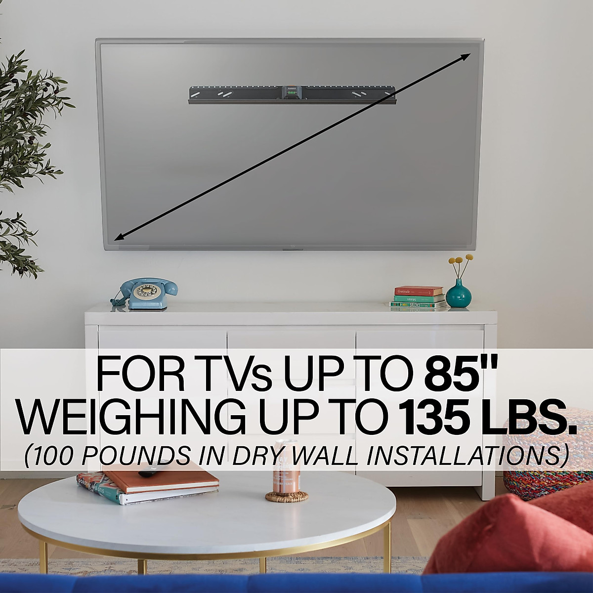 All-New, Made for Amazon No Drill No Stud TV Wall Mount for 32-85” TVs up to 100lbs, Compatible with Amazon Fire TVs