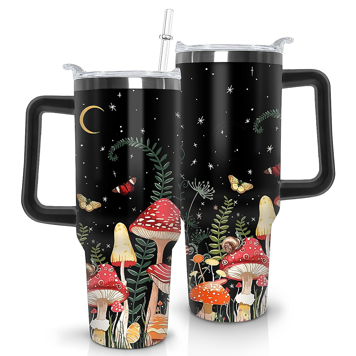 thmasamwr Mushroom Tumbler with Lid and Straw, Stainless Steel Mushroom 40oz Tumbler with Handle, Black Mushroom Travel Coffee Mug Mushroom Gifts Cups for Women and Men