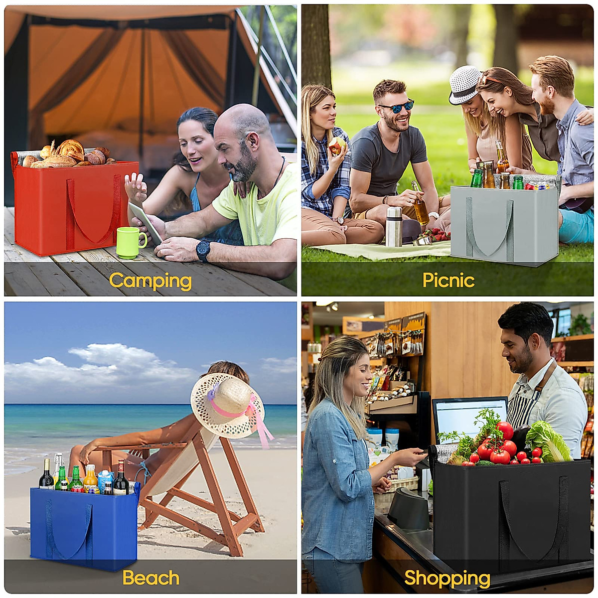 BALEINE 2Pk Insulated Reusable Grocery Bags, Collapsible Cooler Bag for Groceries, Heavy Duty Large Insulated Bag (Island Breeze)