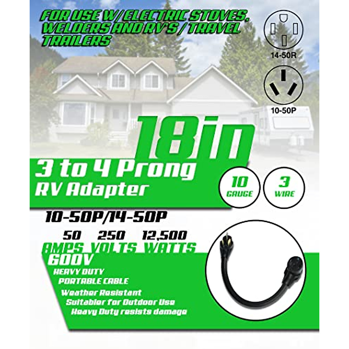 NEMA 10-50P to 14-50R 120V/240V 50 Amp 3 Prong Male Plug to 50 Amp 4 Prong Female Outlet Receptacle Generator RV Welder Dryer Power Cord Adapter