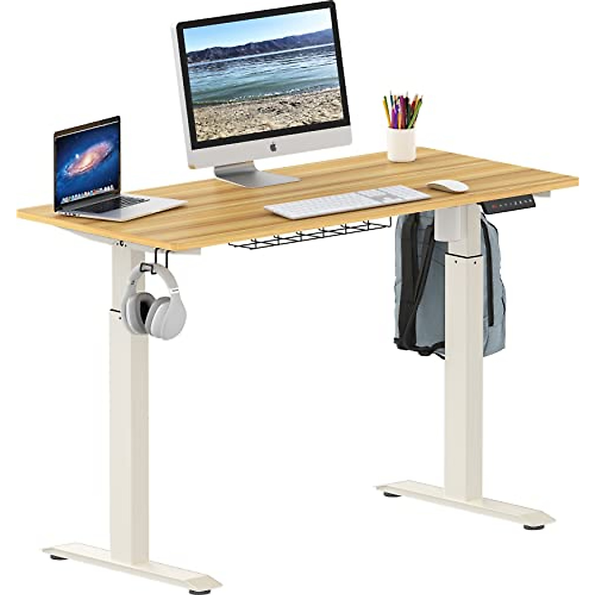 SHW Electric Height Adjustable Standing Desk with Hanging Hooks and Cable Management, 48 x 24 Inches, Oak