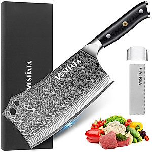 MOSFiATA Damascus 7” Cleaver Knife，Ultra Sharp Vegetable and Meat Butcher Knife with Finger Guard for Home Kitchen and Restaurant
