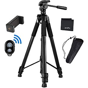 UltraPro 72" Inch Black Camera Tripod with Universal Smartphone Mount + Remote Control Compatible with iPhone/Android Cell Phone, Includes UltraPro Microfiber Cleaning Cloth